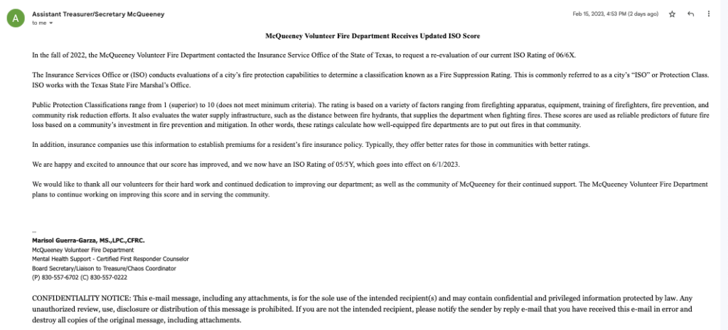 ISO letter | McQueeney Volunteer Fire Department